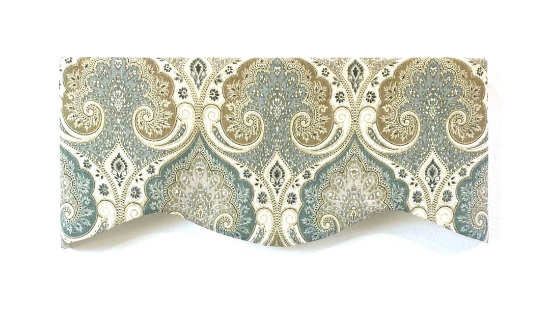 Green Teal Ivory Tan Window Valance Lined Faux Cornice Rod Pocket ...