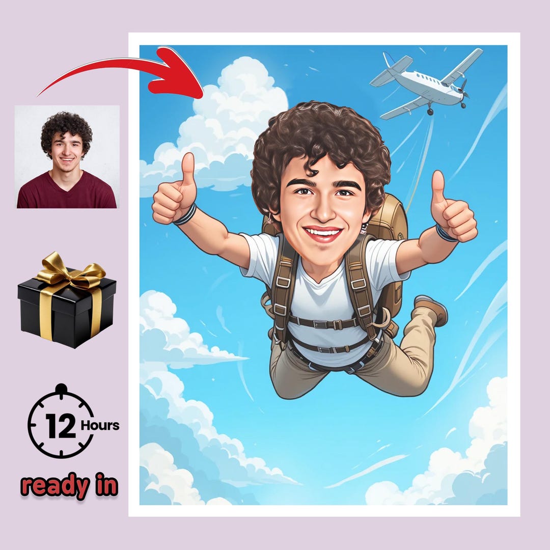 Personalized Skydiving Cartoon Portrait: Custom Caricature Gift ...