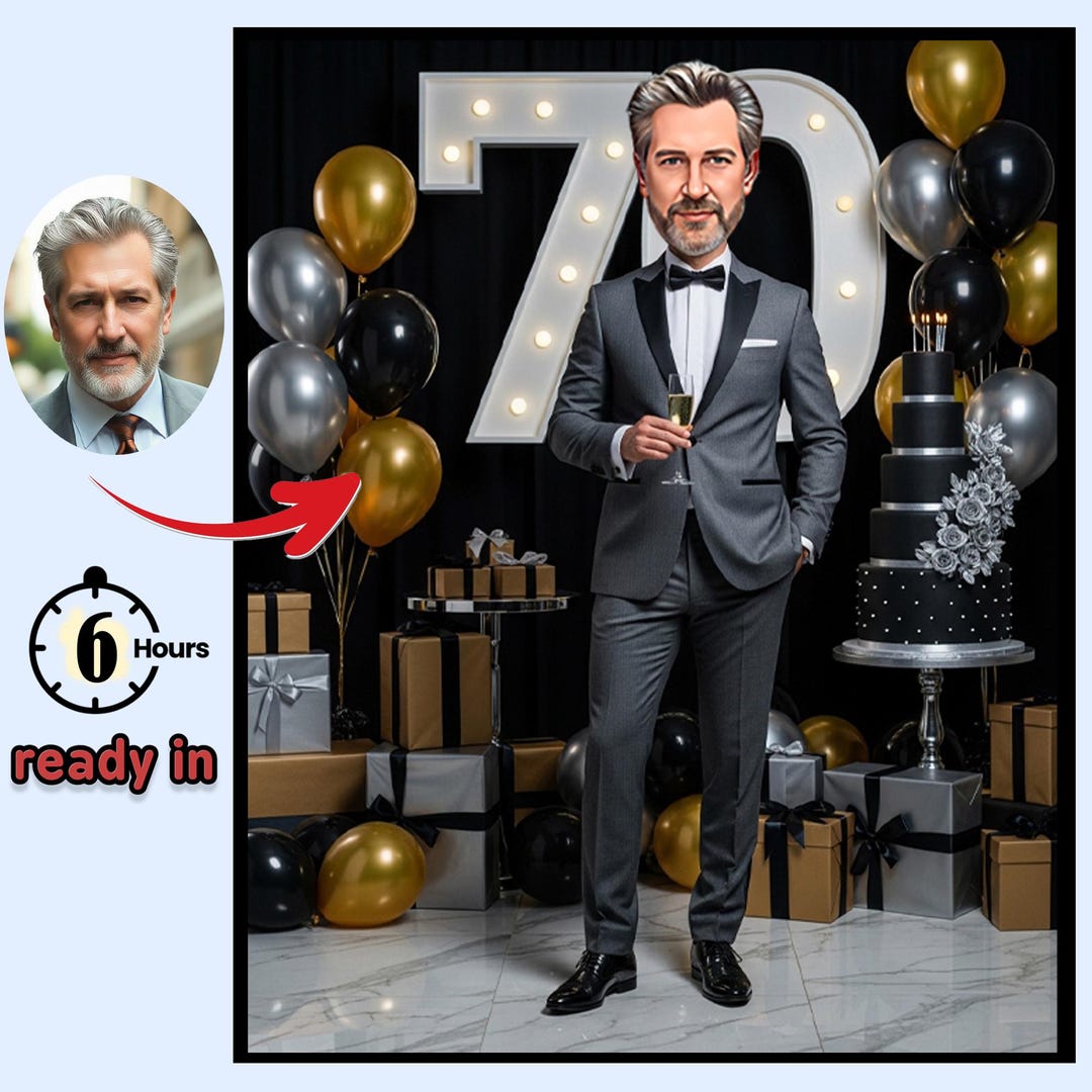 Custom 70th Birthday Cartoon Portrait | Personalized Man Caricature ...
