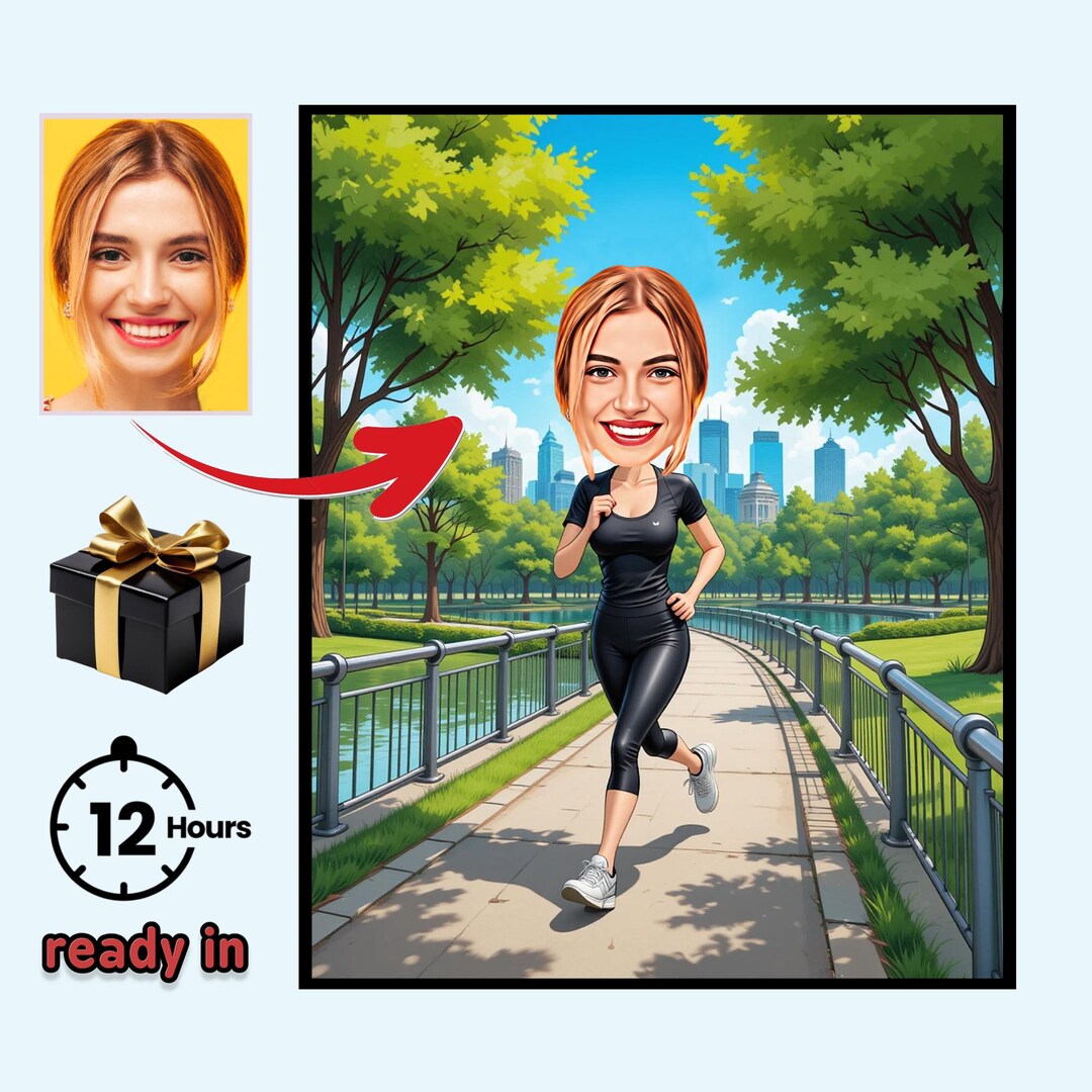 Custom Woman Running Caricature | Cartoon Portrait Gift for Runner or ...