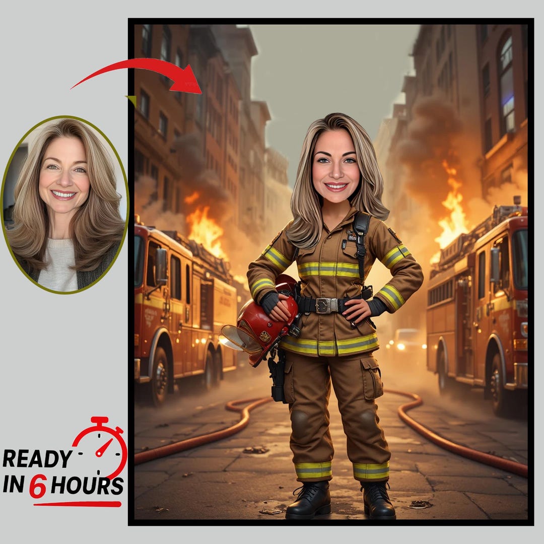 Custom Female Firefighter Caricature – Personalized Portrait Gift ...