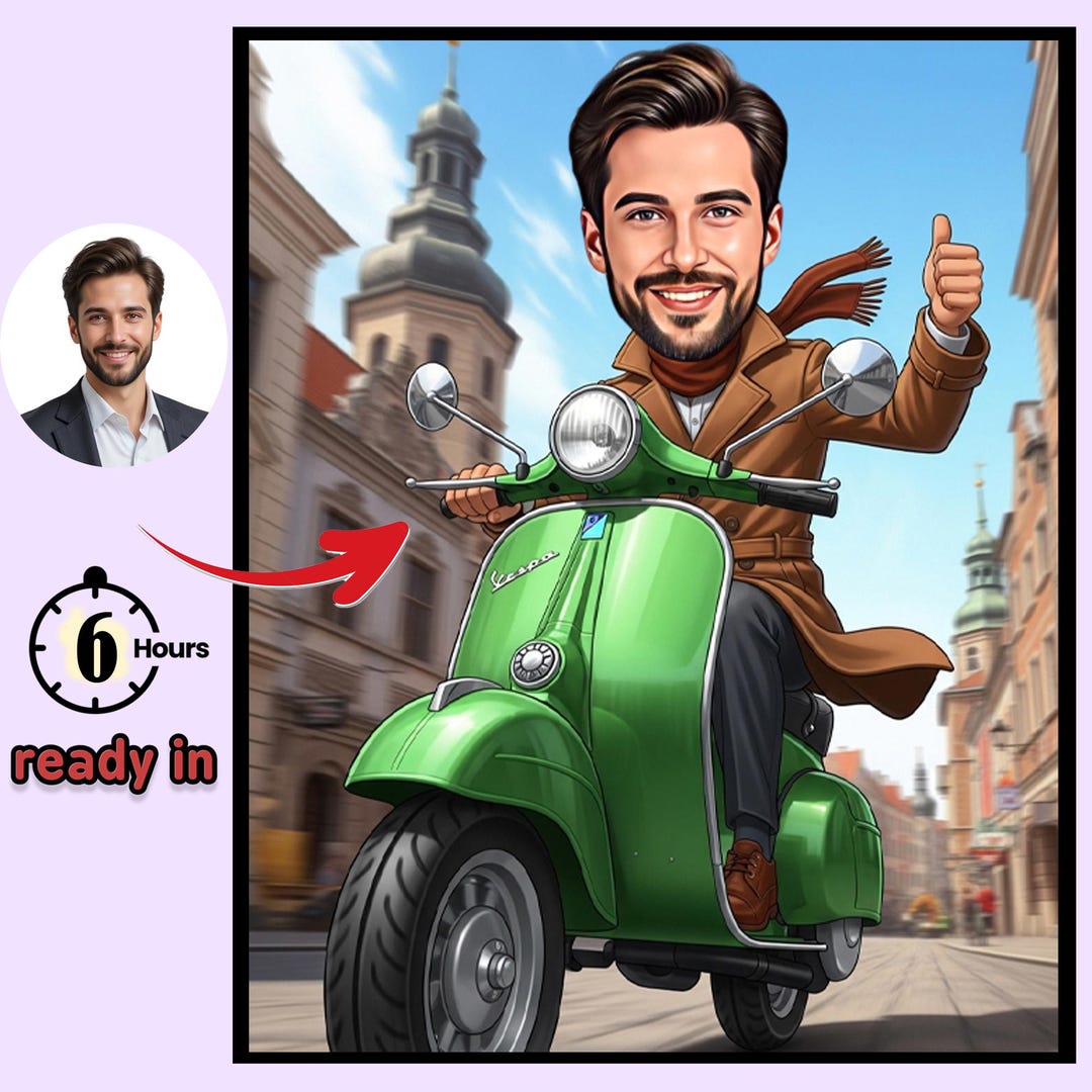 Custom Scooter Caricature Portrait: Personalized Vespa Art (digital ...