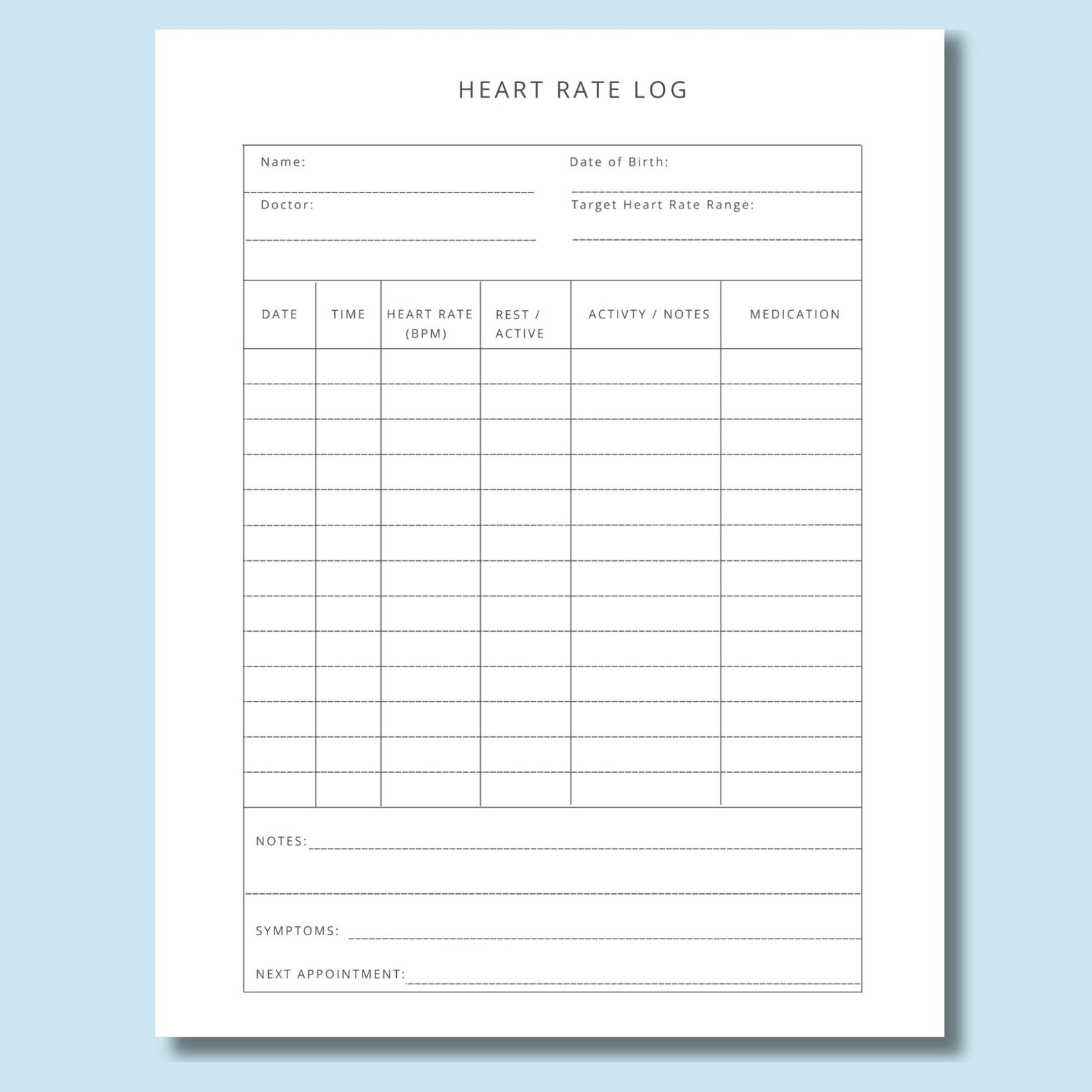 Heart Rate Log Printable Tracker BPM Record Sheet Medication Activity ...