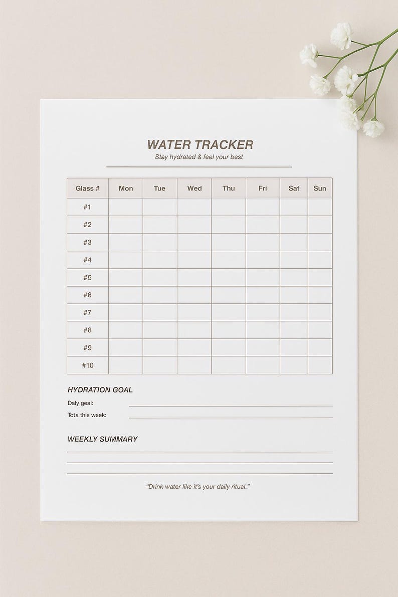 Minimalist Water Tracker Printable | Daily Hydration Log A4, Letter ...