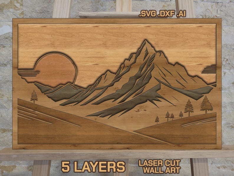Laser Cut Files : Layered Mountain Sunset SVG, DXF, Vector, Template ...