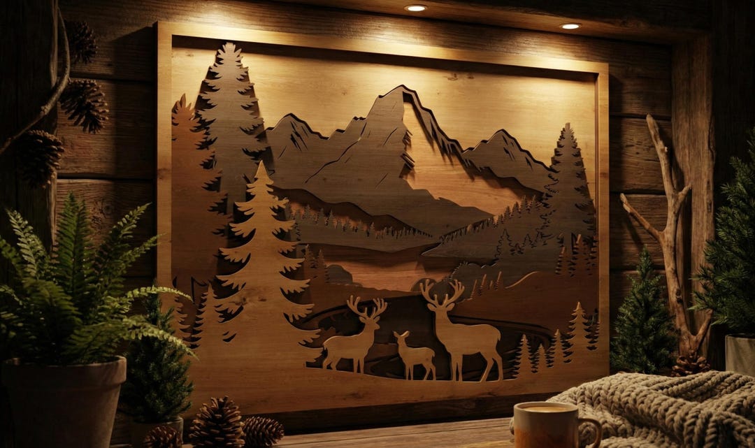 Laser Cut Files : Layered Deer Family Mountain SVG, DXF, Wildlife ...