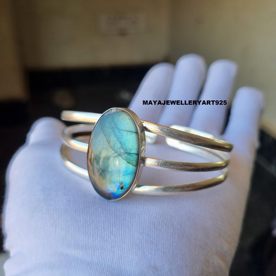 Blue Fire Labradorite Bangle / Handmade 925 Sterling Silver Adjustable ...