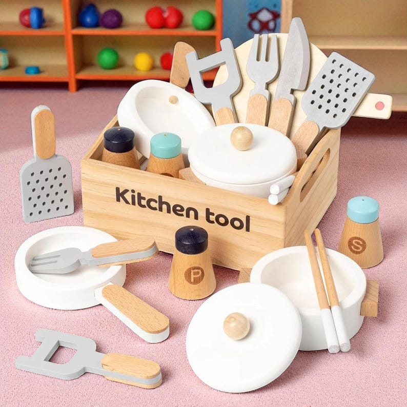 Wooden Kitchen Cutting Food Toy Set: Pretend Play Fruit, Vegetable ...