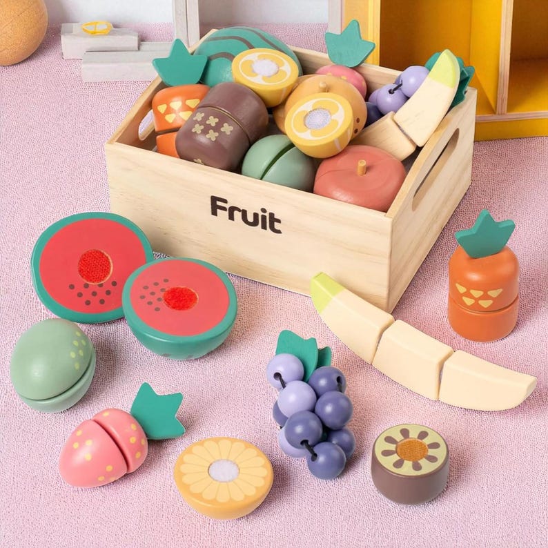 Wooden Kitchen Cutting Food Toy Set: Pretend Play Fruit, Vegetable ...