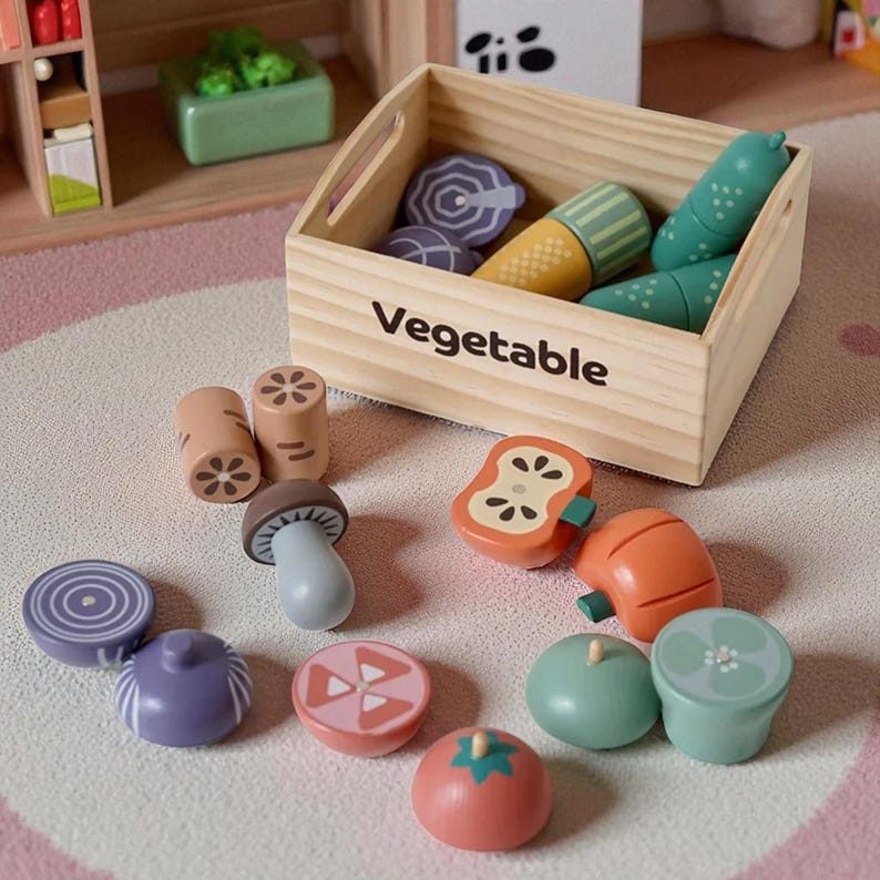 Wooden Kitchen Cutting Food Toy Set: Pretend Play Fruit, Vegetable ...