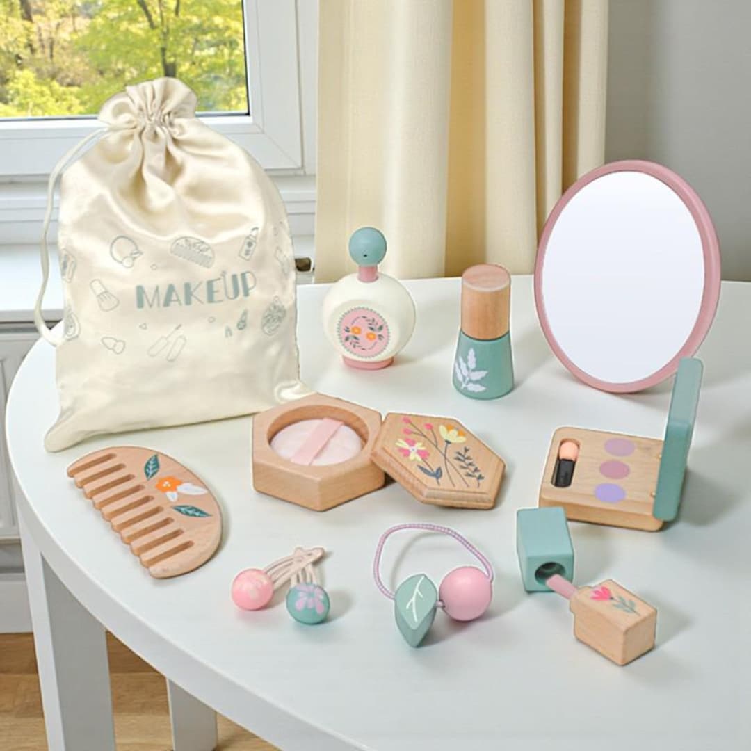 Wooden Beauty Play Set: Children Pretend Makeup and Dressing Table Toys ...