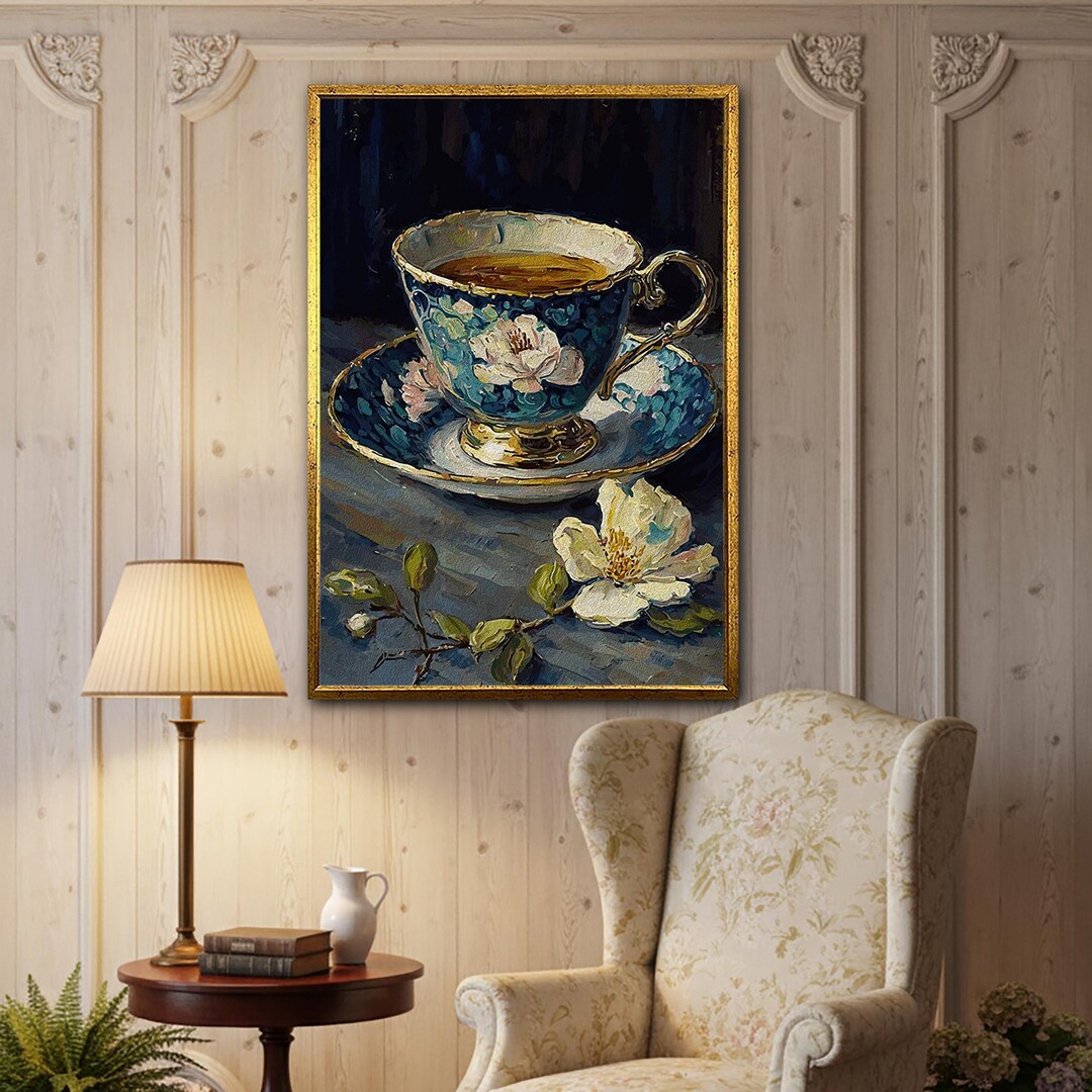 Floral Teacup Canvas Print, Dark Blue, Impasto Texture (ready to Hang ...