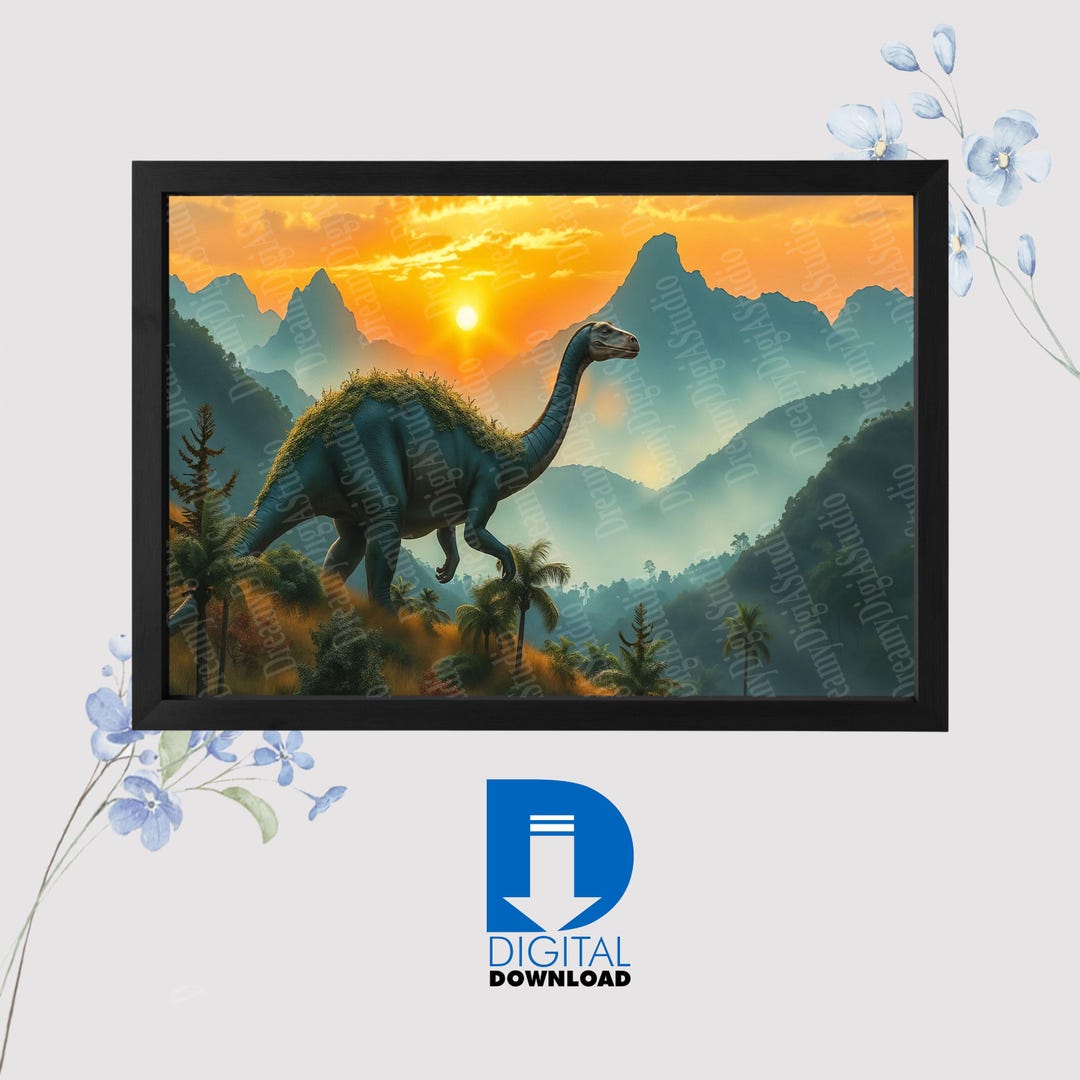 Brontosaurus Sunset | Classical Dinosaur Wall Art | Vintage Oil ...