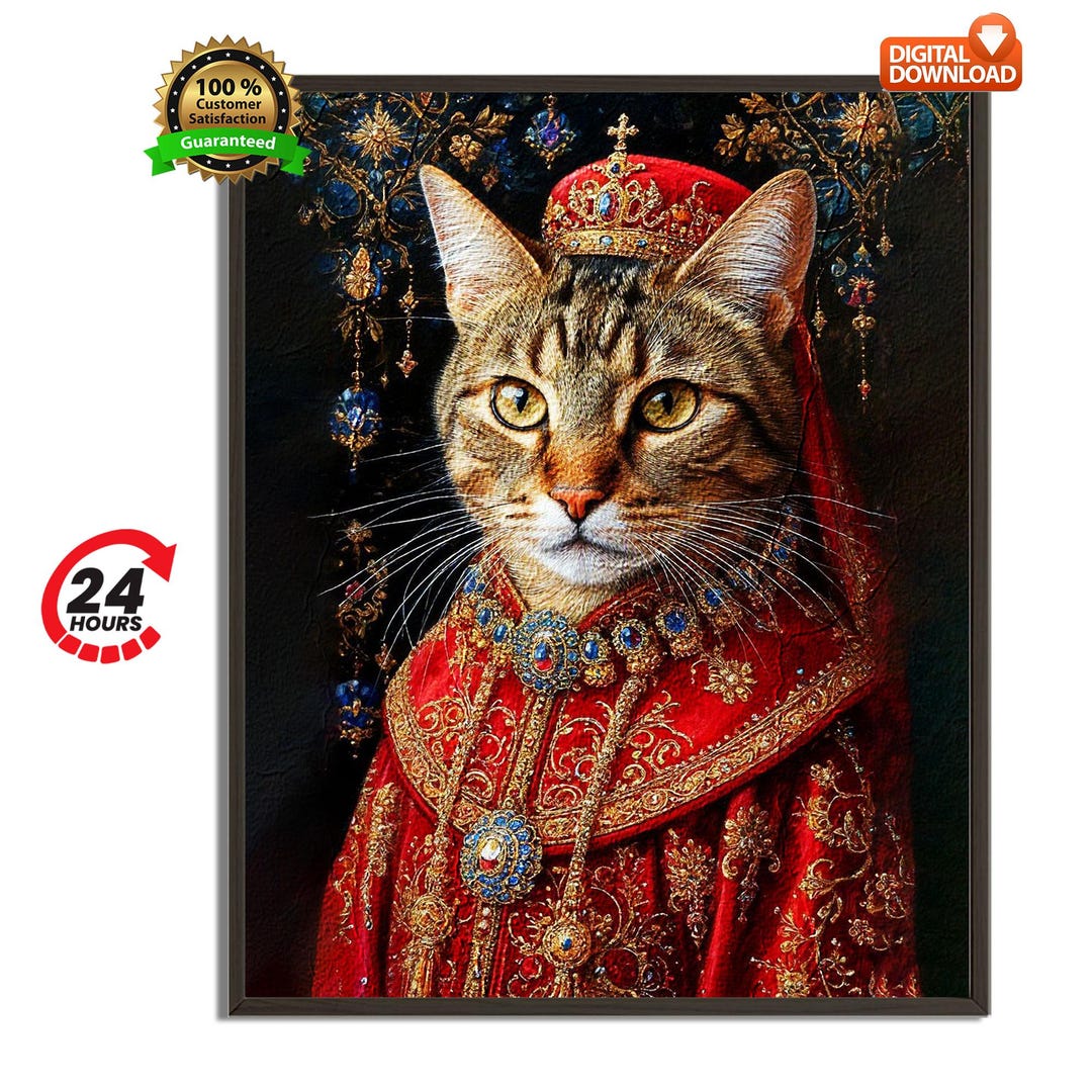 Custom Pet Empress Portrait Print | Tabby Cat in Royal Red Robes ...