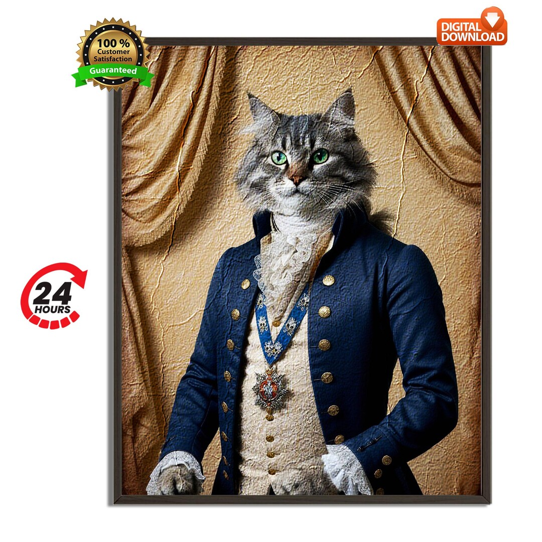 Vintage Gray Tabby Cat Nobleman Portrait | Custom Pet Lord Art Print ...