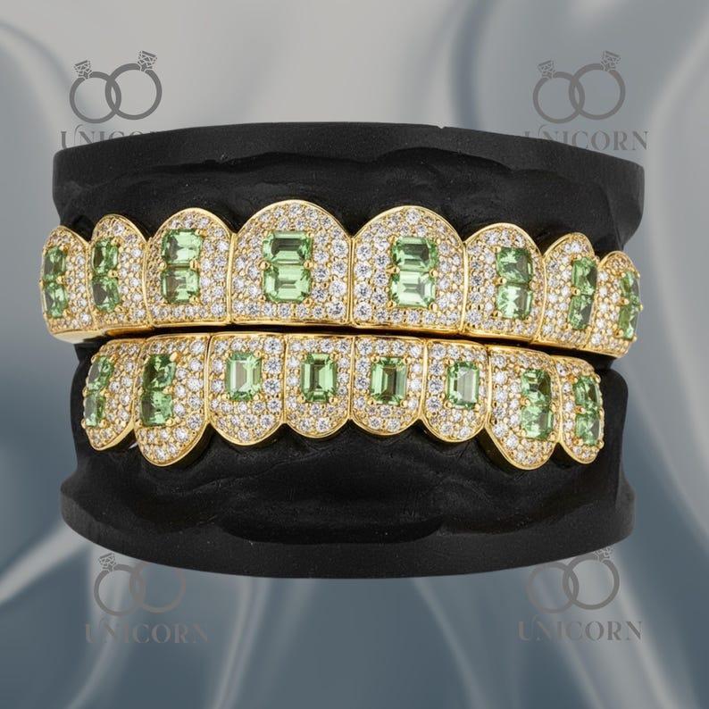 Custom Honeycomb Prong Green Emerald Cut Grillz-moissanite Diamond ...