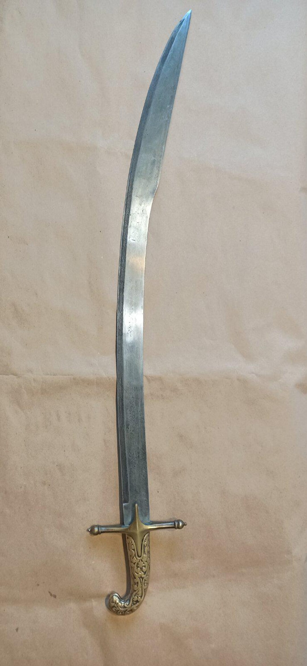 Antique Damascus Steel Sabre: Ornamented Brass Handle, 18th/19th ...