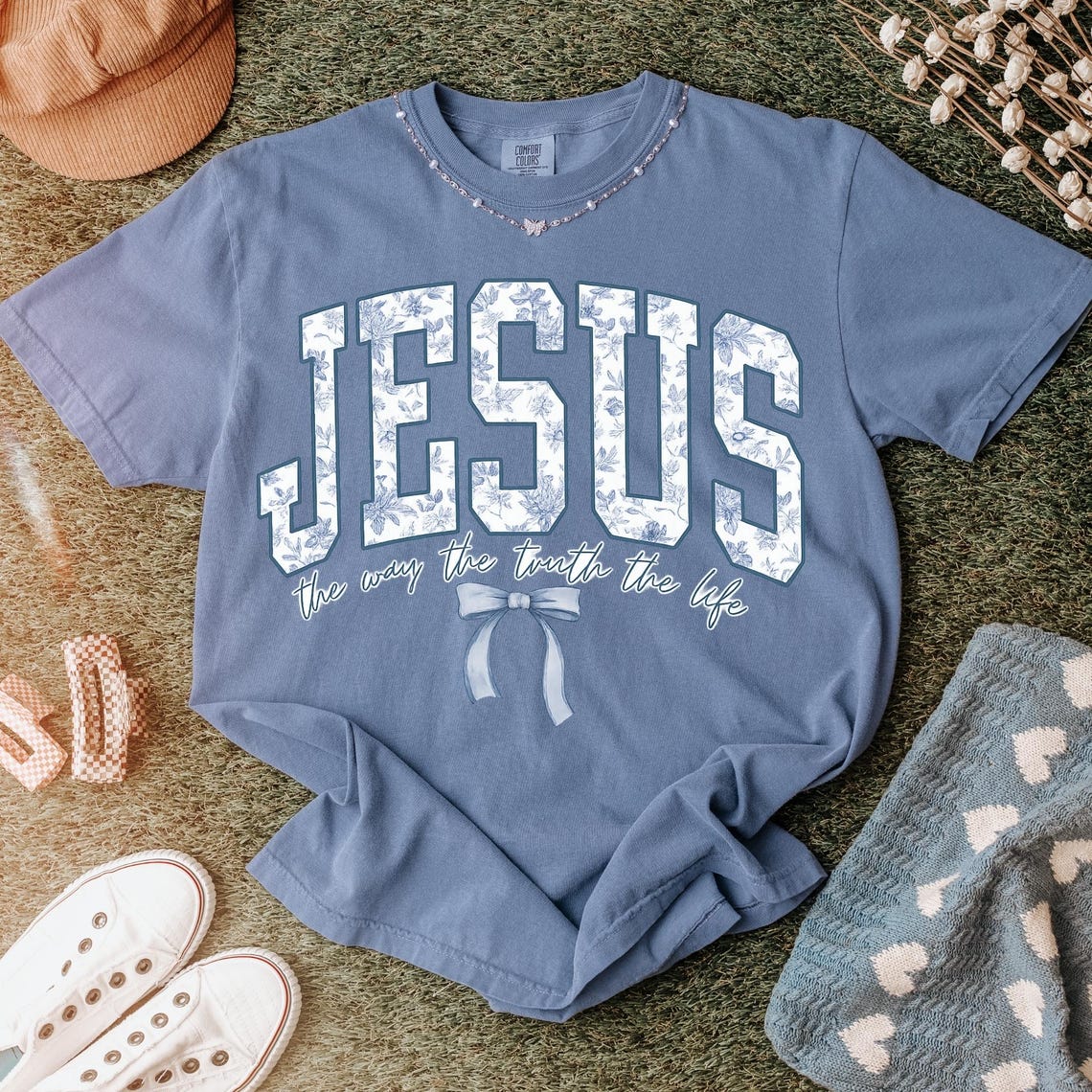 Christian Jesus Shirt, Blue Floral Bow Bible Verse Tshirt, Trendy Faith ...