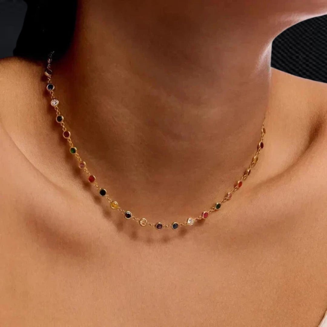Rainbow Multi-stone Round Bezel Set Chain Necklace | Multi-stone Round ...
