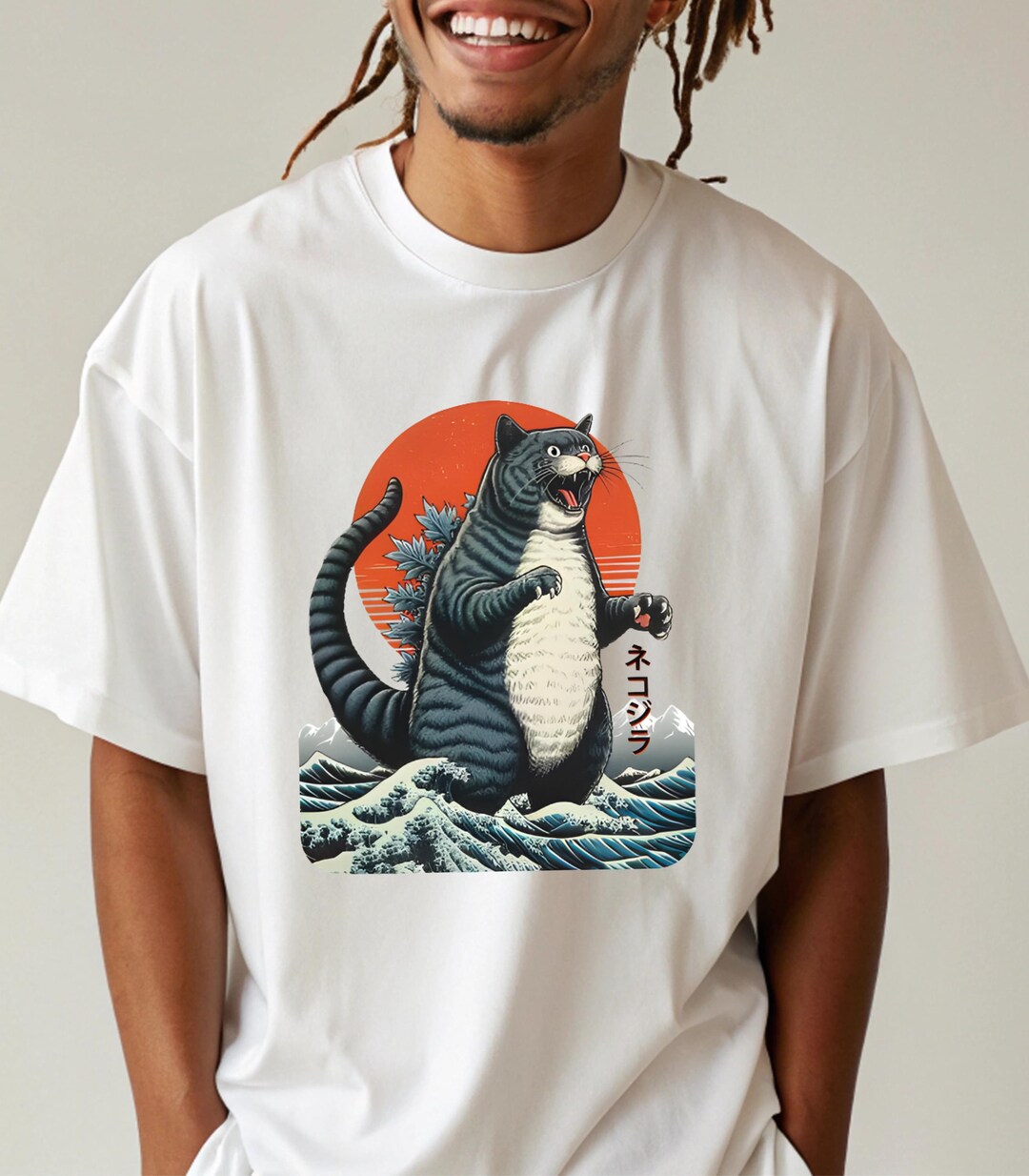 Catzilla Japanese Wave T-shirt, Funny Cat Monster Graphic Tee - Etsy