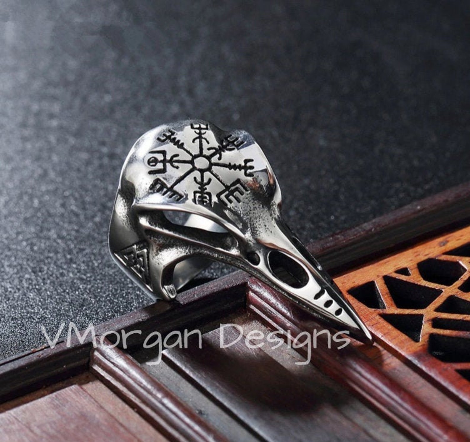 Silver Plated Stainless Steel Nordic Viking Raven Skull Ring - Etsy