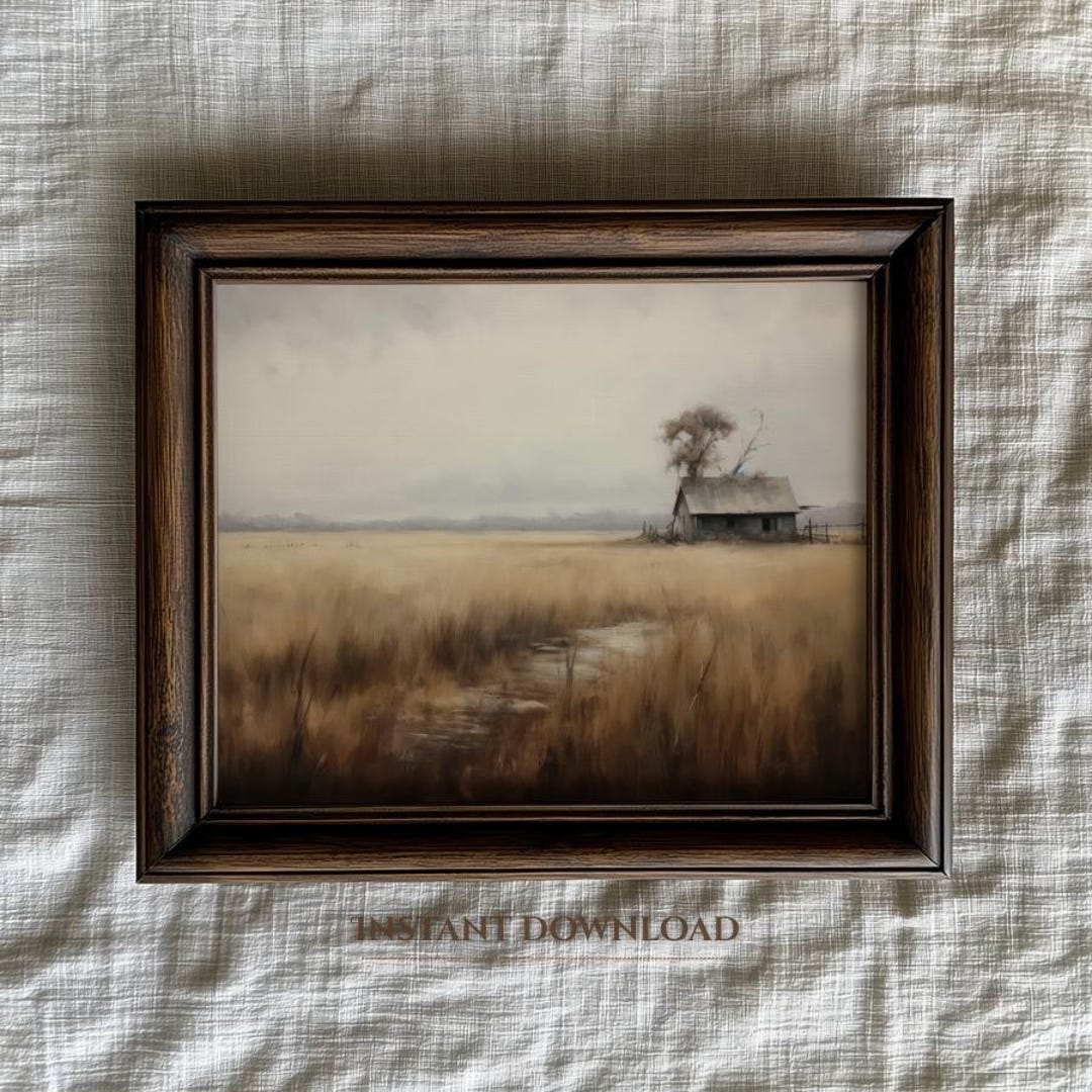 Antique Moody Oil Painting | Rustic Autumn Field | Weathered Cottage ...