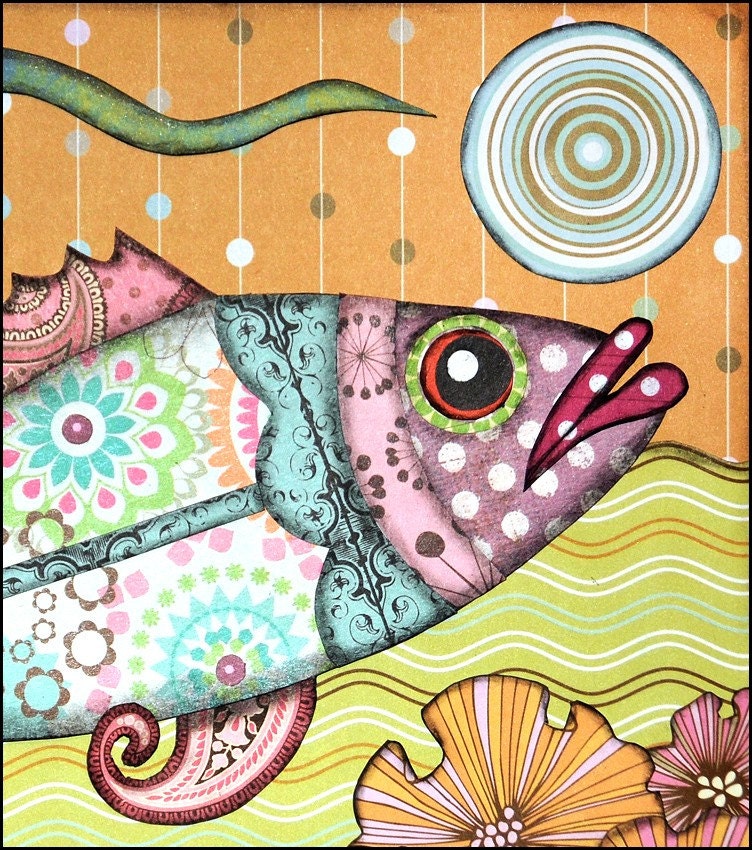 Mixed Media Collage Fish Sea Ocean Teal Pink Orange - Etsy