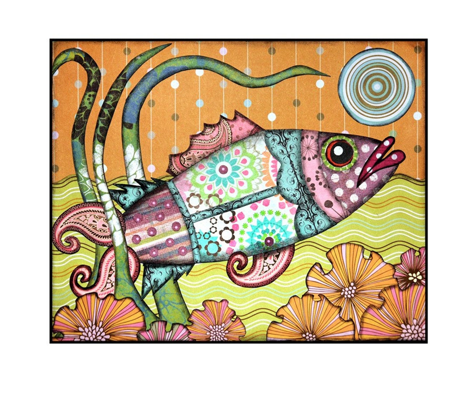 Mixed Media Collage Fish Sea Ocean Teal Pink Orange - Etsy