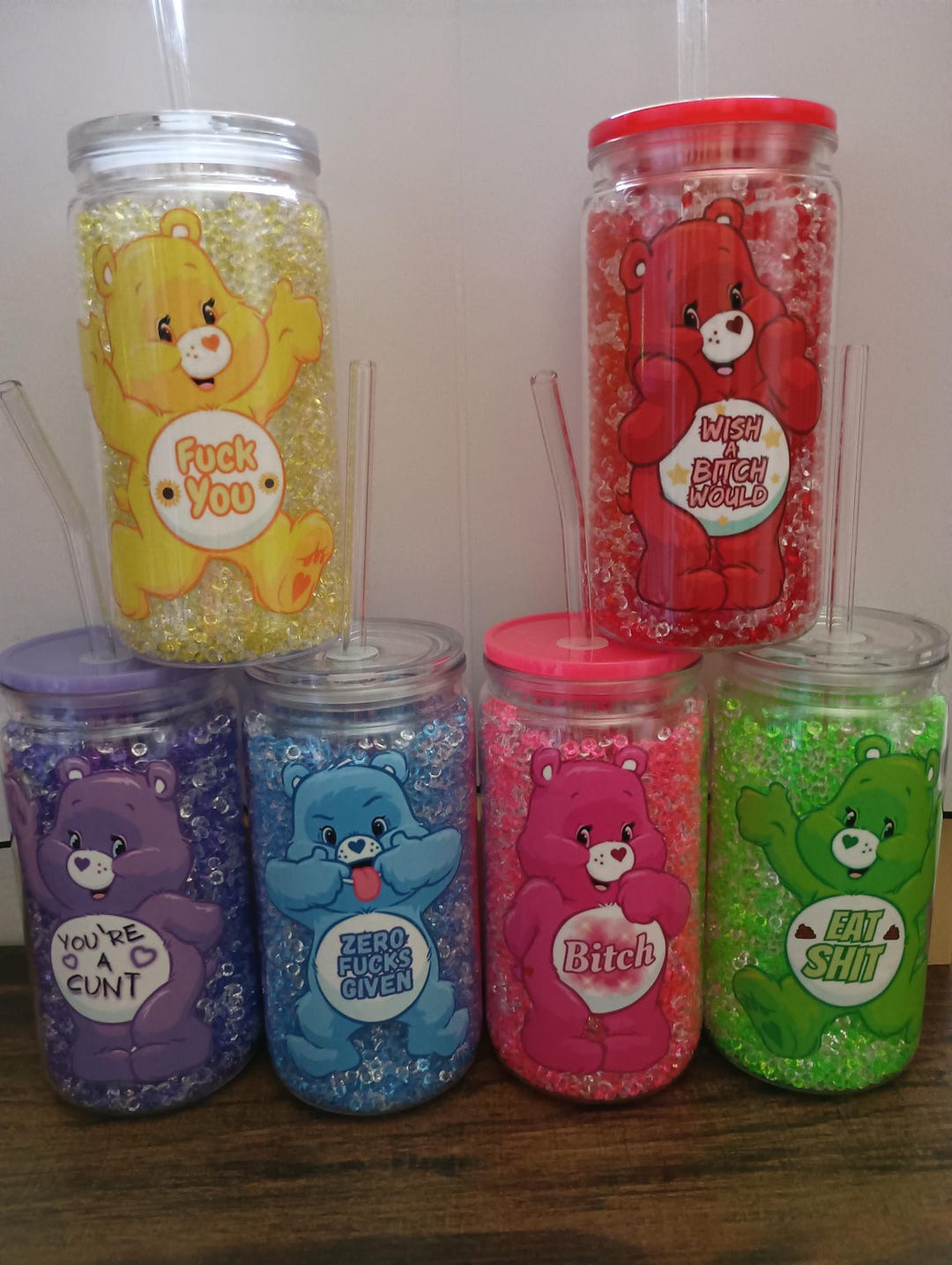 Swearbear Snowglobe Tumbler: Diamond Gems, Glass Straw - 6 Colors - Etsy
