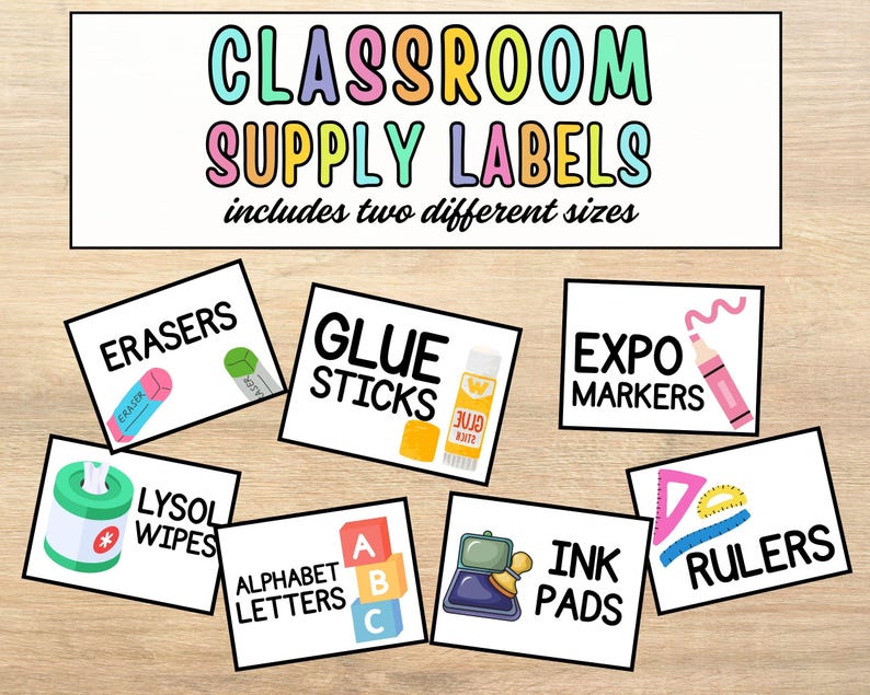 Editable Classroom Supply Labels With Pictures: Rainbow Decor (digital ...