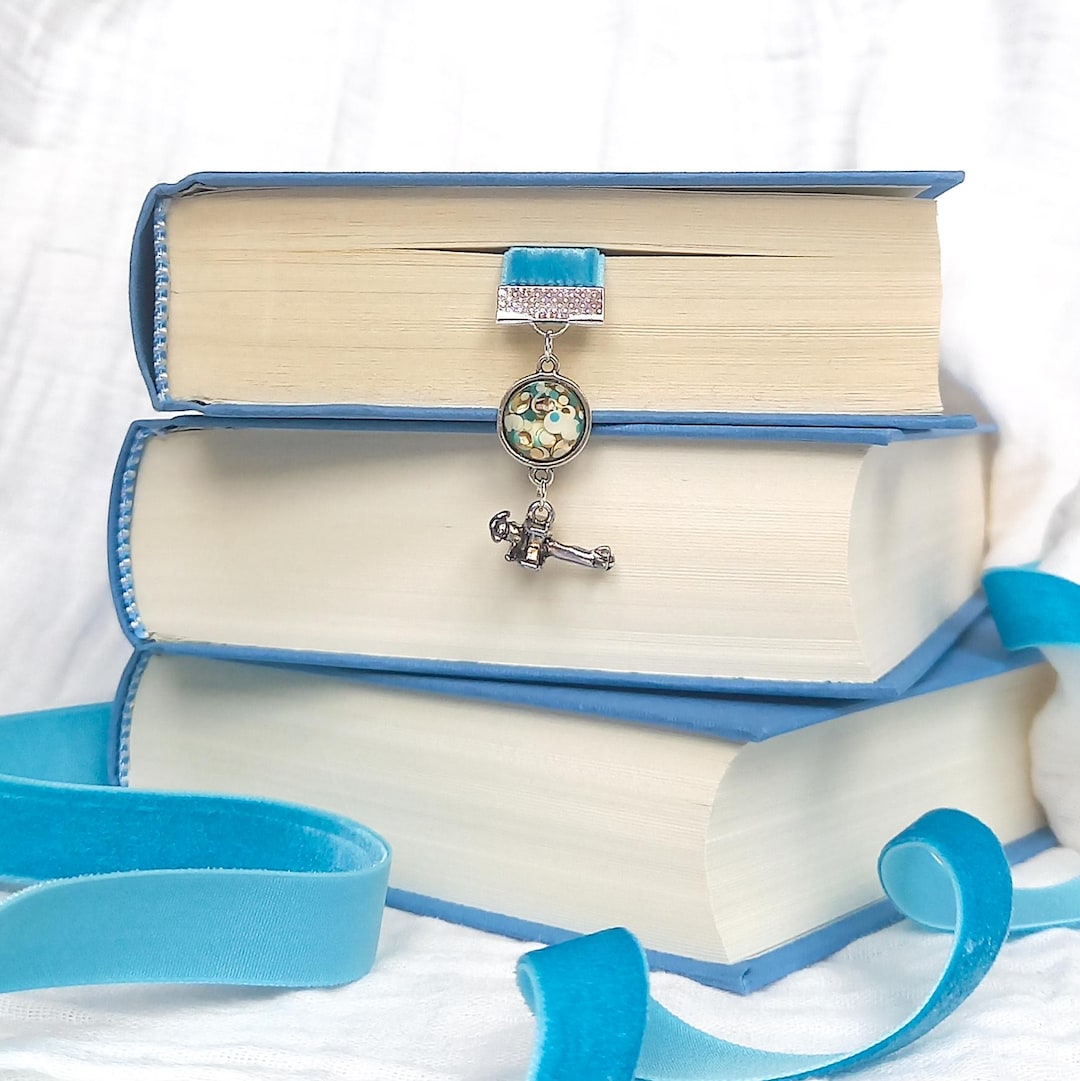 Blue Velvet Ribbon Bookmark With 3D Silver Plane Charm | Gift for ...