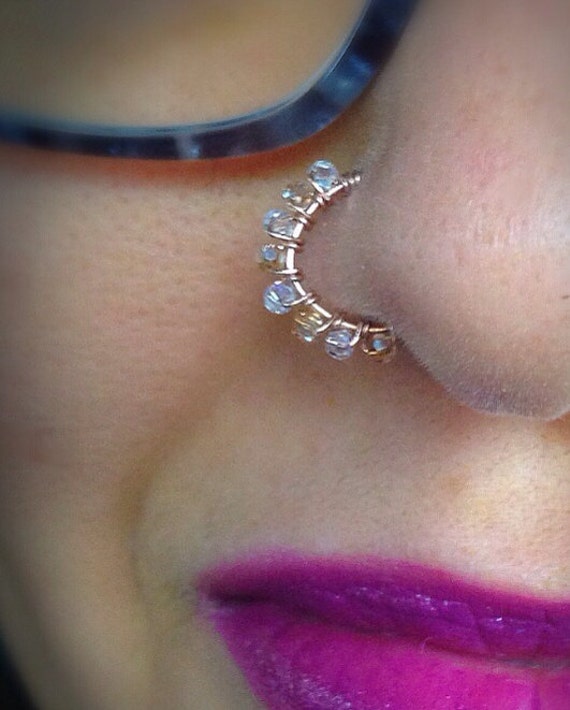 14k Rose Gold Nose Ring With Swarovski Crystals Etsy