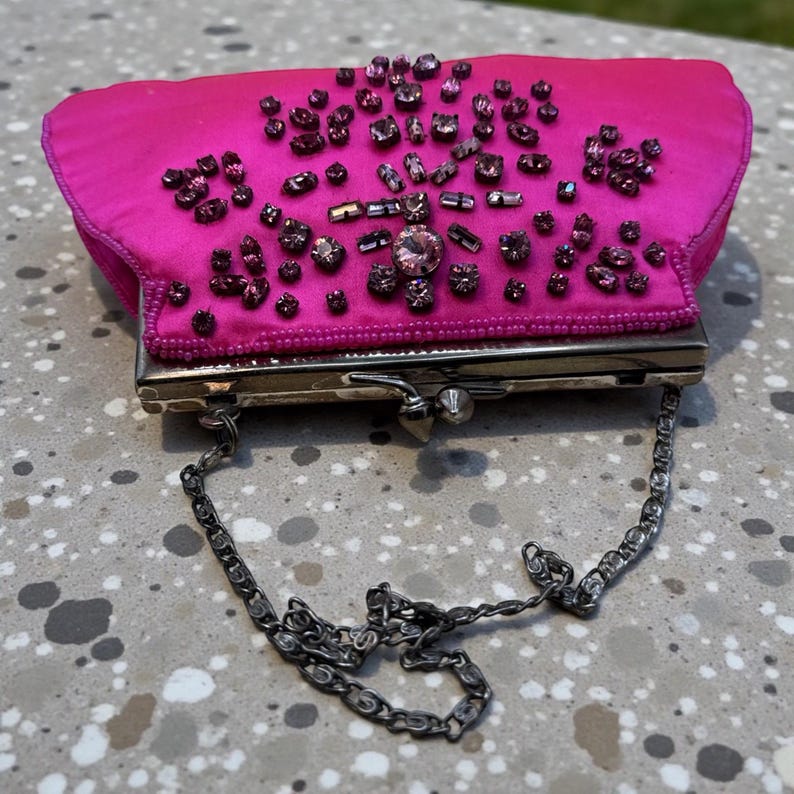 Vintage Moyna Jeweled Hot-pink Satin Evening Bag — Kiss-lock Frame ...