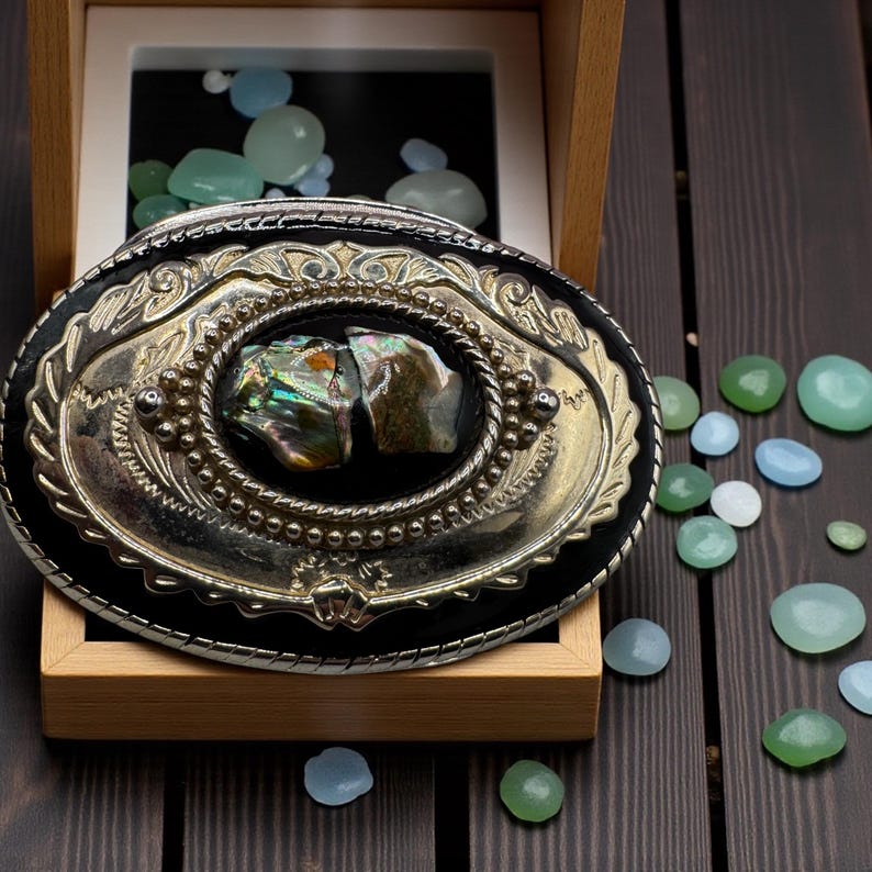 Vintage Abalone Shell Western Belt Buckle Black Enamel Two Tone Oval ...