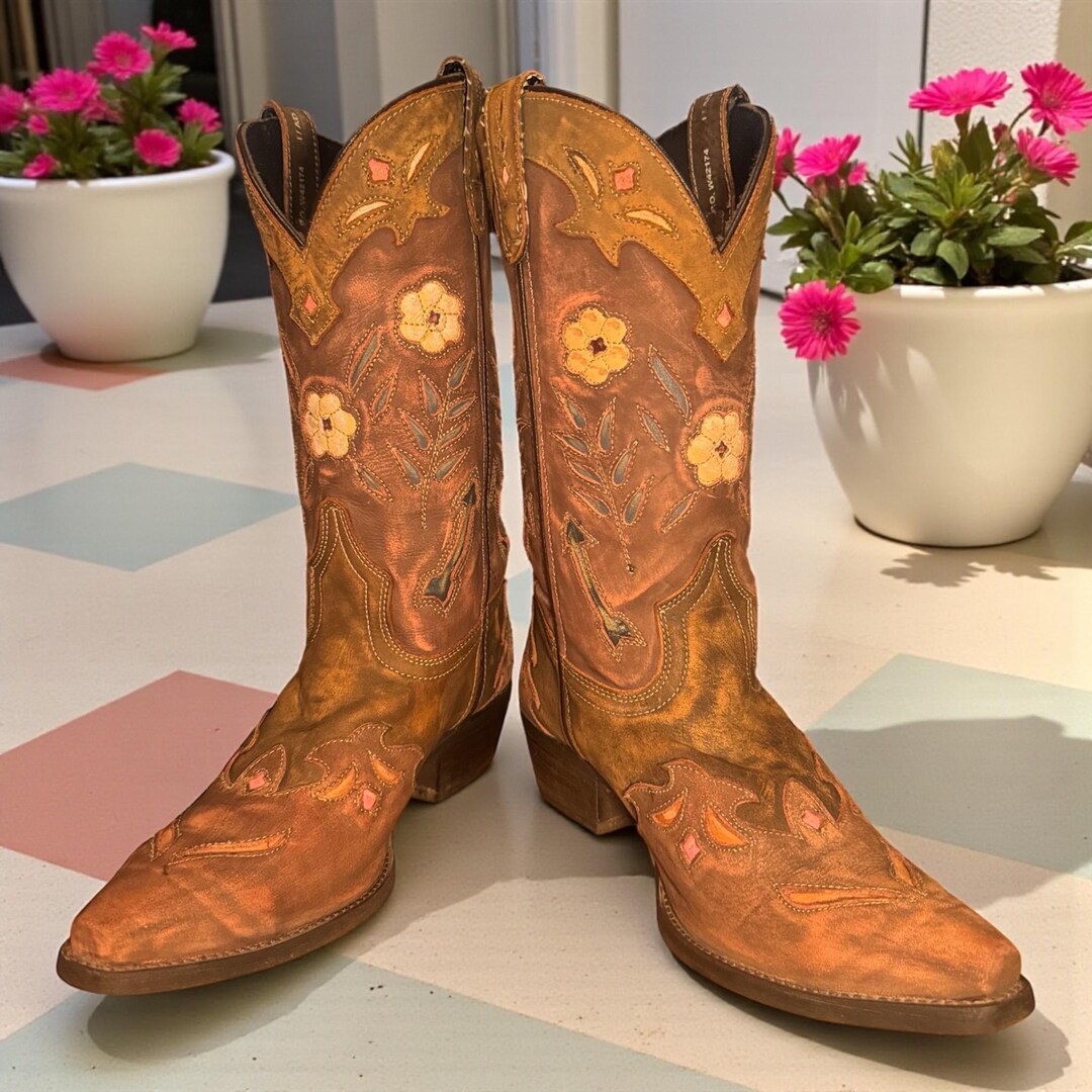 Laredo by Dan Post Floral Inlay Cowboy Boots • Vintage Brown Leather ...