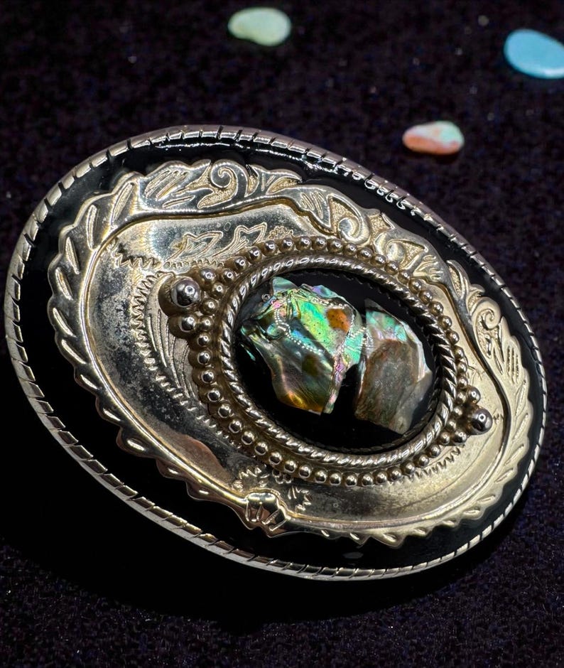 Vintage Abalone Shell Western Belt Buckle Black Enamel Two Tone Oval ...