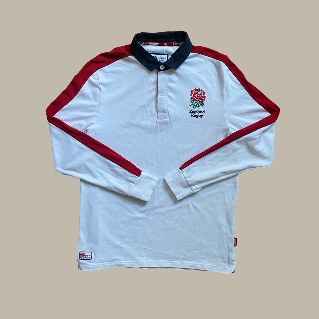 Official England Rugby Long Sleeve Polo Shirt White Red Rose ...