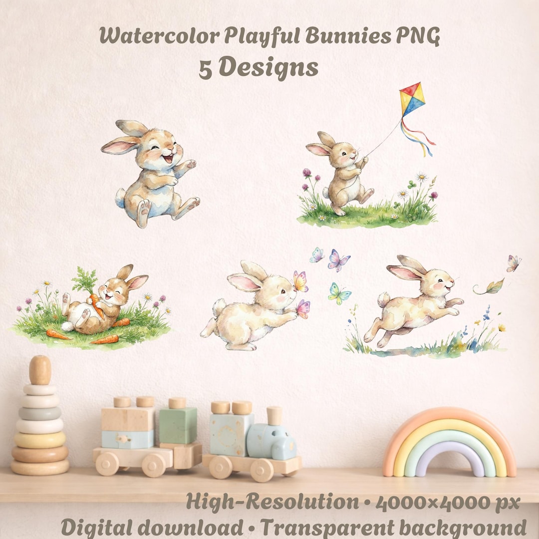 Watercolor Playful Bunny Clipart Set, Bunny PNG, Kids Birthday ...
