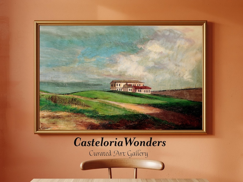 Pintura a óleo vintage de uma vila italiana, paisagem mediterrânea ...