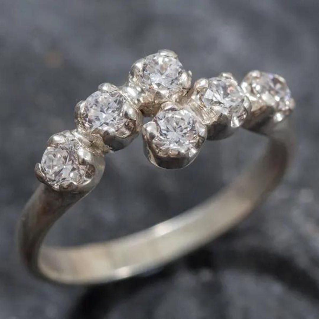 Staggered Six Stone Moissanite Wedding Band, 14K Solid White Gold ...