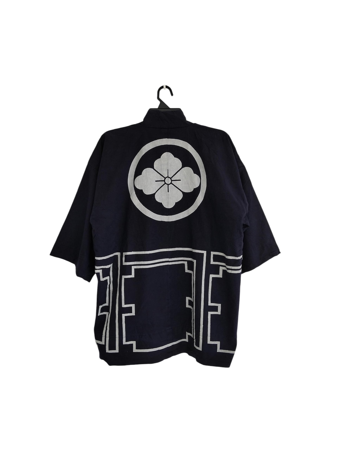 Vintage Japanese Happi Coat - Navy Blue, Floral Mon and Geometric ...