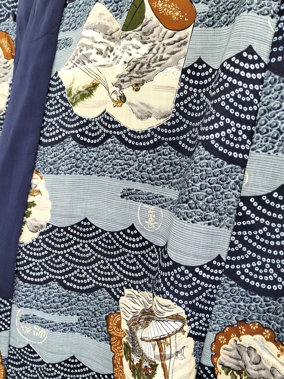 Vintage Japanese Cotton Yukata - Mountain & Wave Kimo… - Gem