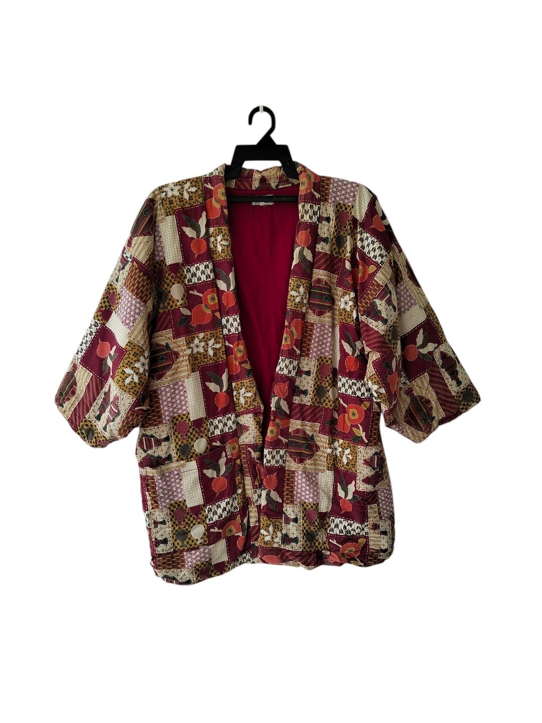 Vintage Japanese Hanten Jacket – Red Patchwork Quilted Kimono Coat ...