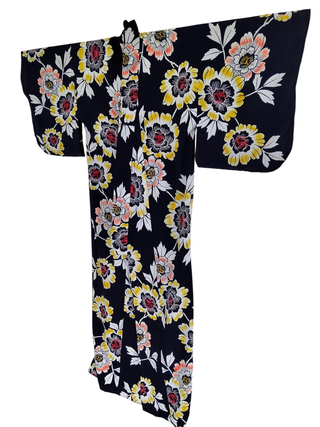 Vintage Japanese Yukata Cotton Kimono Flower Motif Long Kimono Robe ...