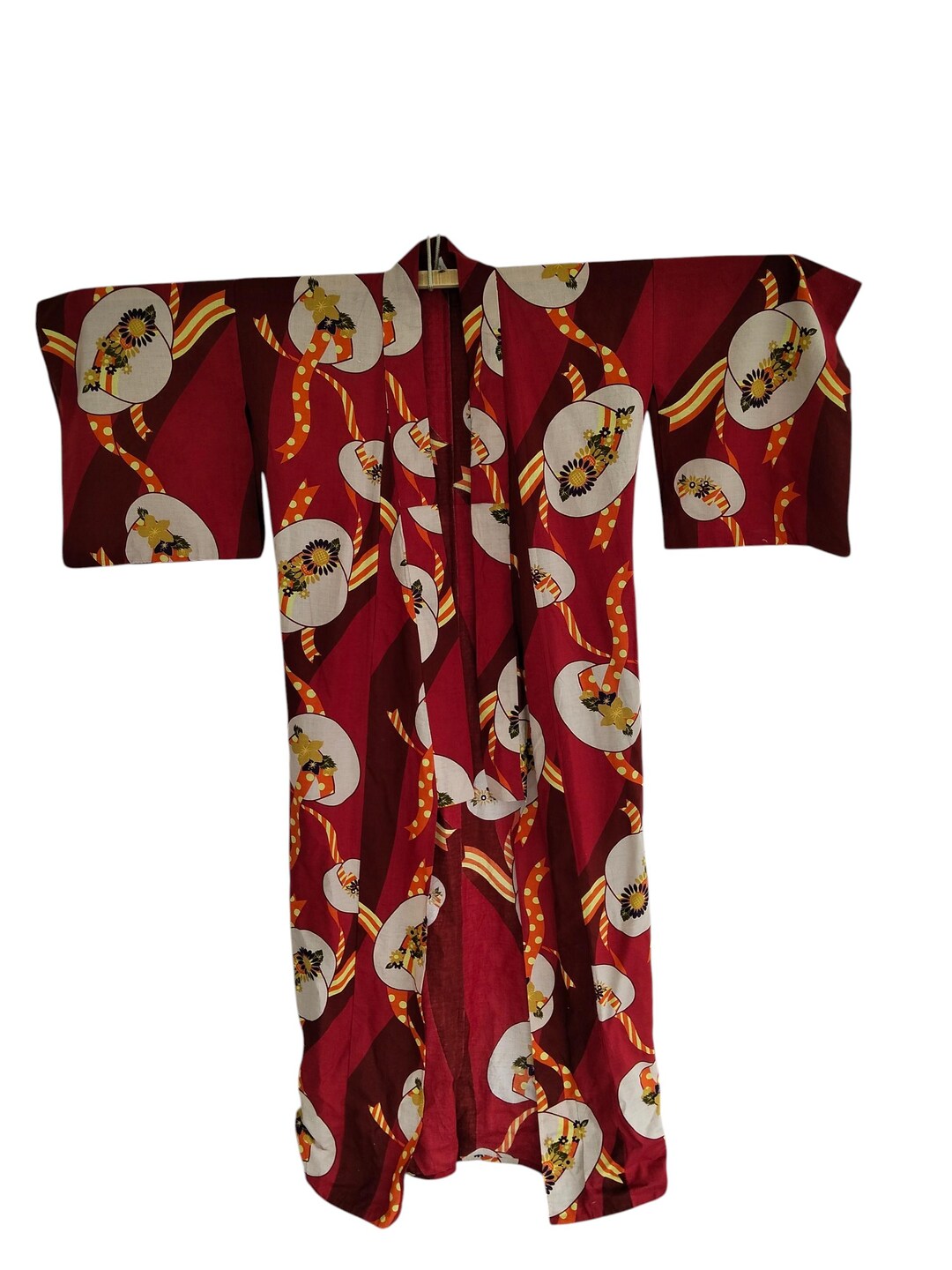 Vintage Floral Medallion Yukata Kimono, Red and White, Japanese Robe ...