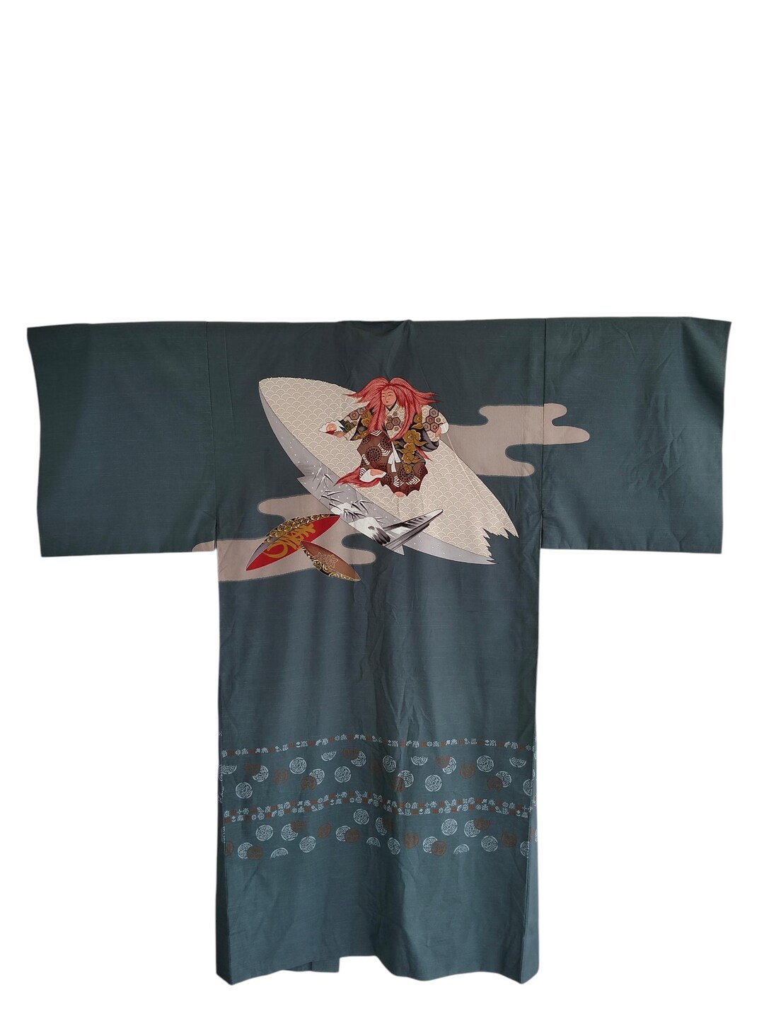 Unique Teal Yukata Kimono With Anime-style Warrior & Mount Design ...