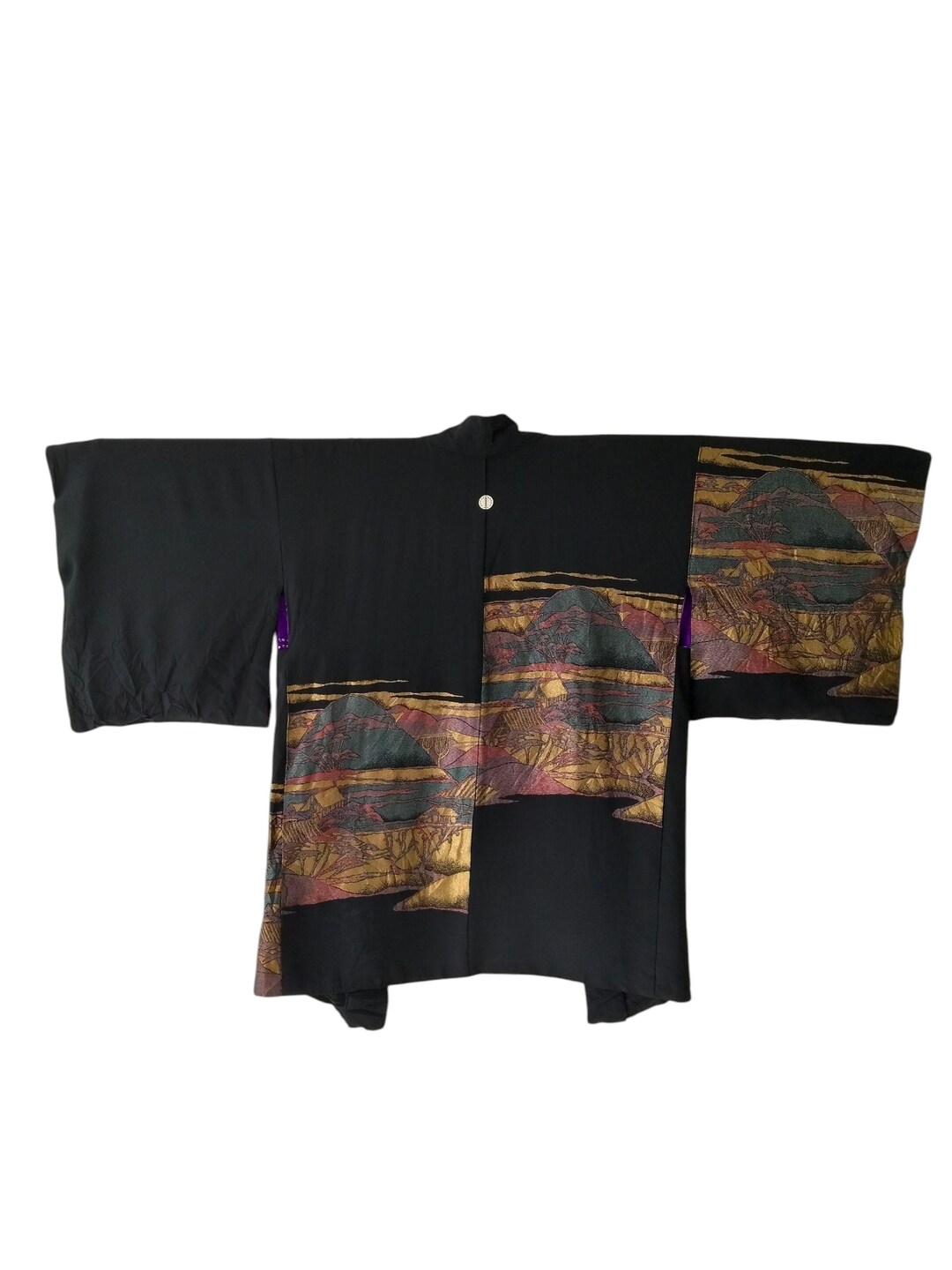 Vintage Japanese Haori Kimono Jacket – Black With Gold Landscape Design ...