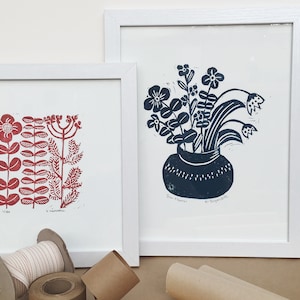 Block Print Flowers, Hand Printed Floral Art, Flowers Wall Art ...