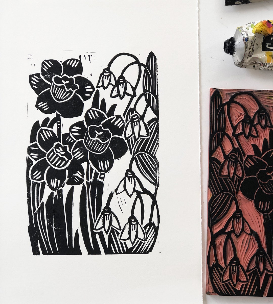 Daffodils and Snowdrops, Hand Printed Linocut Art, Floral Art - Etsy