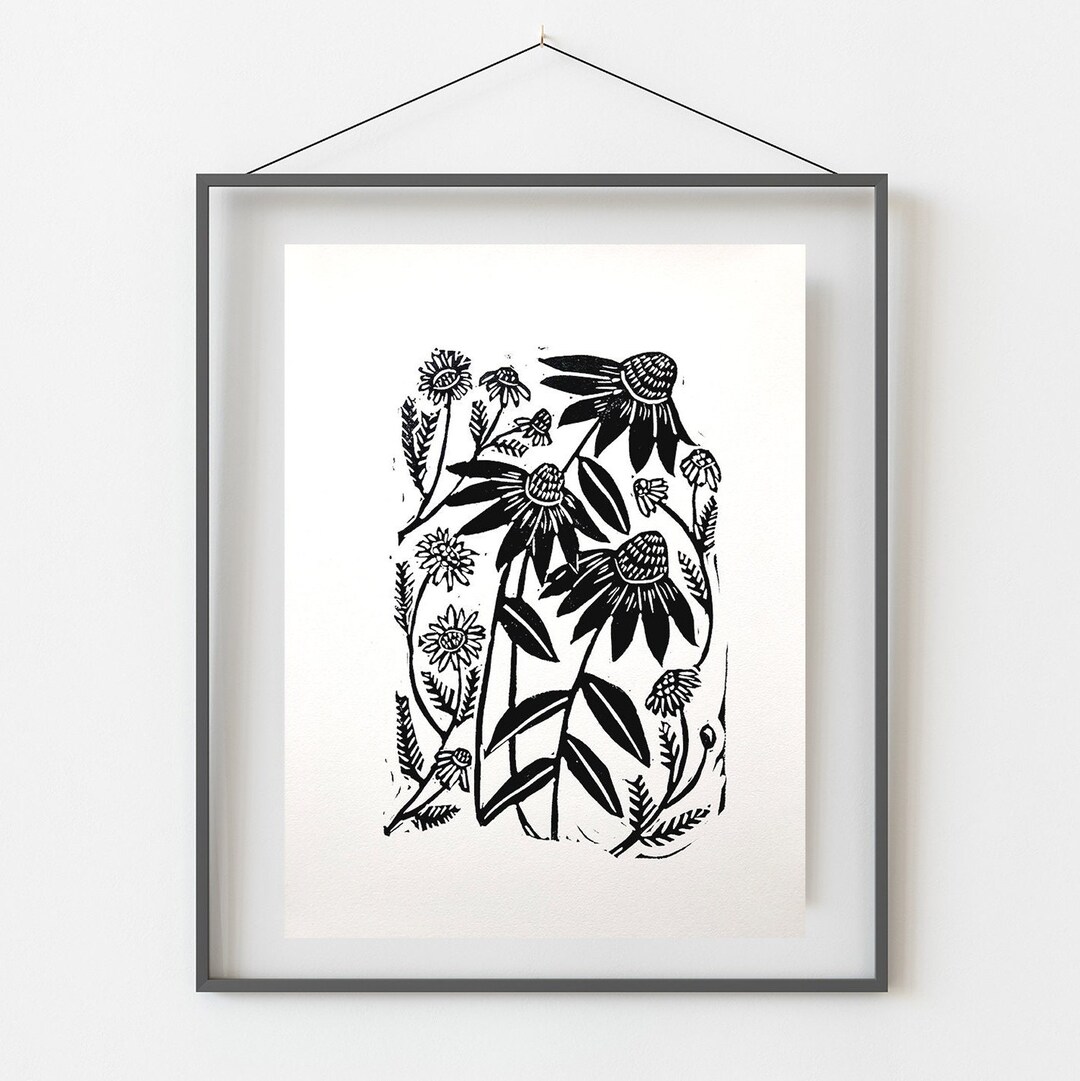 Hand Printed Floral Art, Green Flowers Wall Art, Echinacea, Original ...